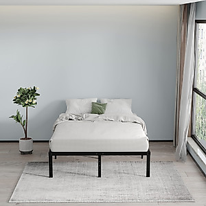 EMODA 16 Inch Bed Frame Queen Size Heavy Duty Metal Platform No Box Spring Needed with Steel Slat Support, Easy Assembly, Black