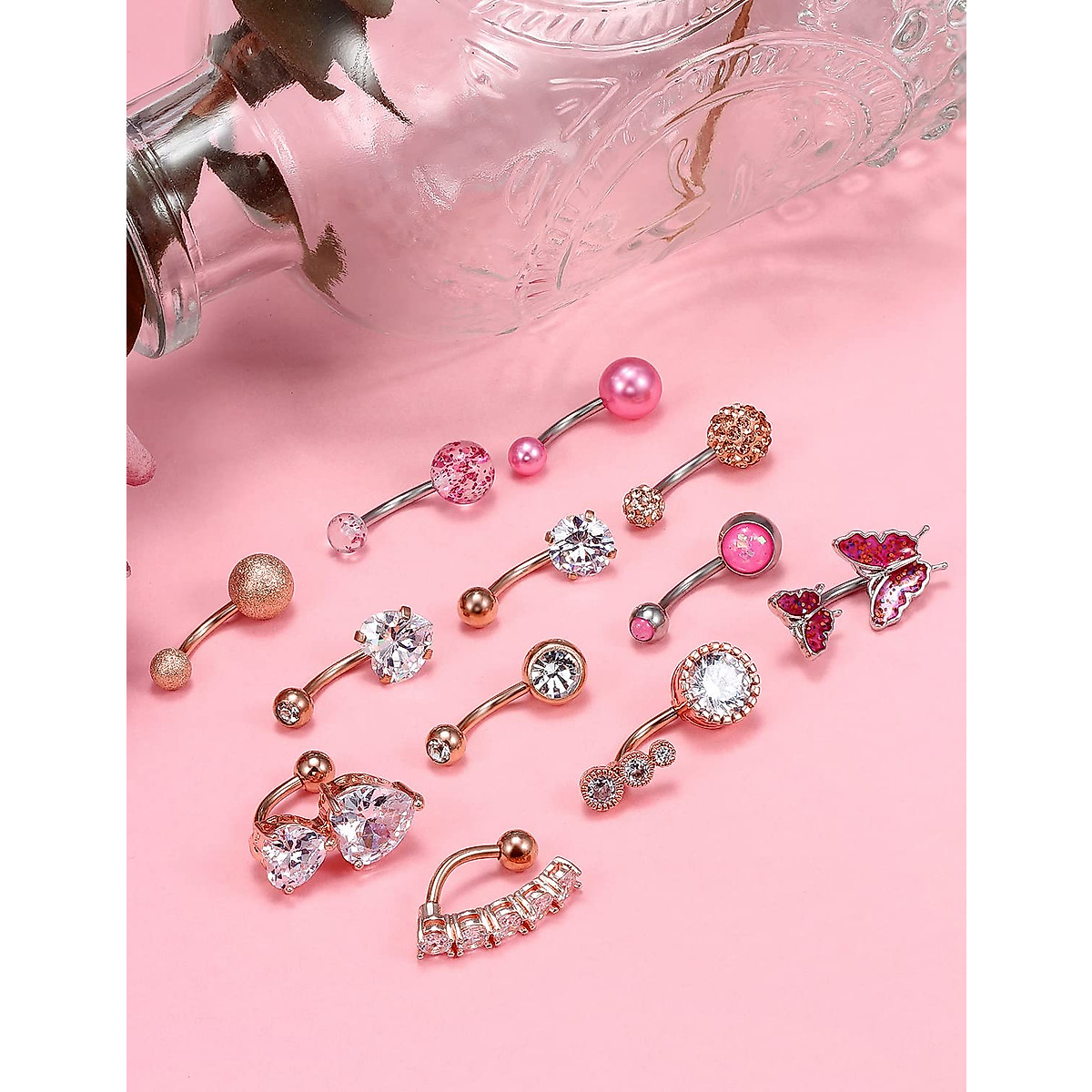 Vsnnsns 14G Belly Button Rings Belly Rings for Women Stainless Steel CZ Opal Belly Piercing Jewelry Surgical Steel Butterfly Belly Button Rings Curved Navel Ring Body Jewelry Piercing Rose Gold