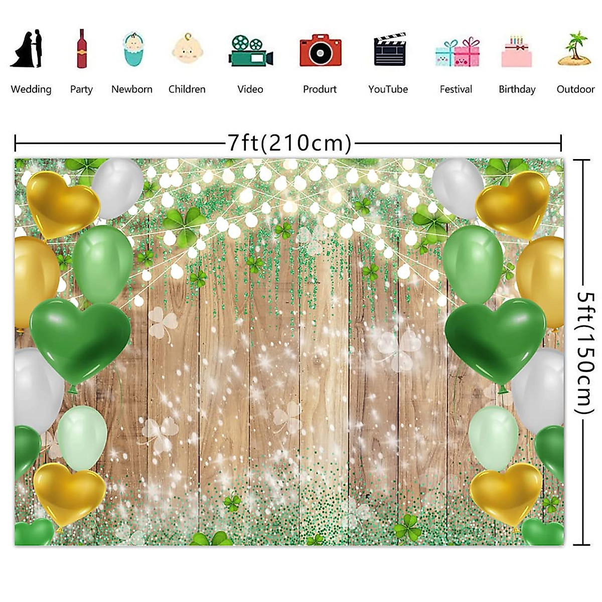 Ticuenicoa 7×5ft Happy St. Patrick's Day Backdrop Wooden Texture Green Balloon Glitter Bokeh Clover Photography Background Lucky Irish Shamrock Confentti Kids Birthday Baby Shower Wall Decor Banner