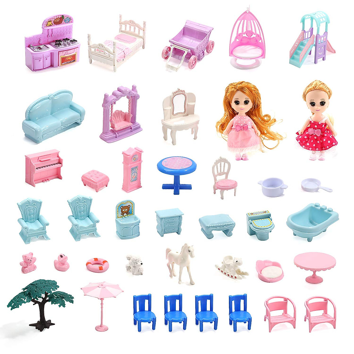 CUTE STONE Dollhouse, Doll House with Flashing Lights, Pretend Play Toddler Dollhouse Sets with 2 Dolls, Furniture, 8 Rooms and Doll Accessories, Creative Gift for Girls, L32 xH23