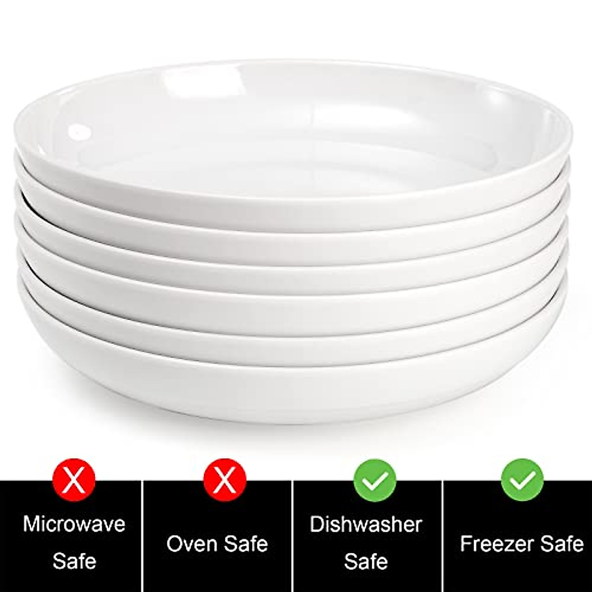 Fasmov Melamine Pasta Bowls, 6 Pack 9 inches 30 Oz Large Salad Serving Bowls, Shallow Salad Bowls, Plastic Dinner Deep Plates, Dishwasher Safe, White