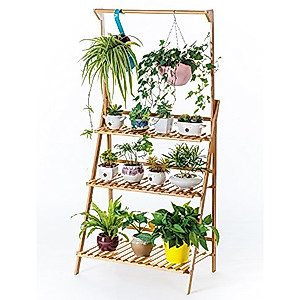 COPREE Bamboo 3-Tier Hanging Plant Stand Planter Shelves Flower Pot Organizer Rack Folding Display Shelving Plants Shelf Unit Holder
