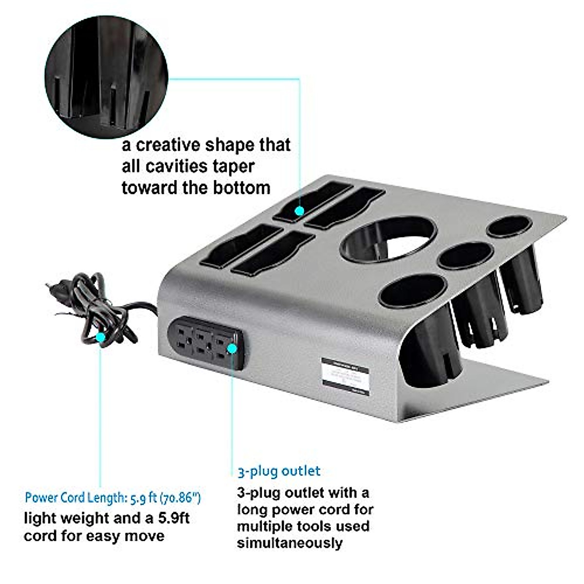 PENNYNANA Large 8-Hole Salon Desktop Hair Iron & Blow Dryer Holder，Hair Tool Organizer Barber Organizer w/ 3-Plug Outlet,Metallic…