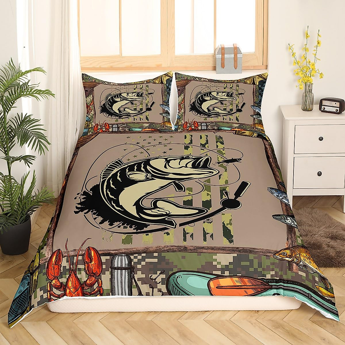 Fishing and Hunting Duvet Cover Camo American Flag Fishing Bedding Set Twin for Teen Boys Men Fishermen,Rustic Big Bass Pike Fish Comforter Cover,Farmhouse Cabin Quilt Cover with 1 Pillow Case