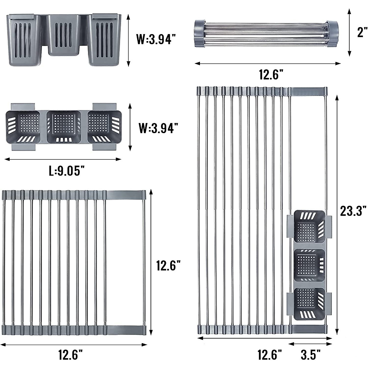 EXTREE Roll Up Dish Drying Rack, Adjustable 12.6"(W) to 23”(L), Over The Sink for Kitchen Sink Foldable Dish Draine with Utensil Holders SUS304 Stainless Steel Sink Rack