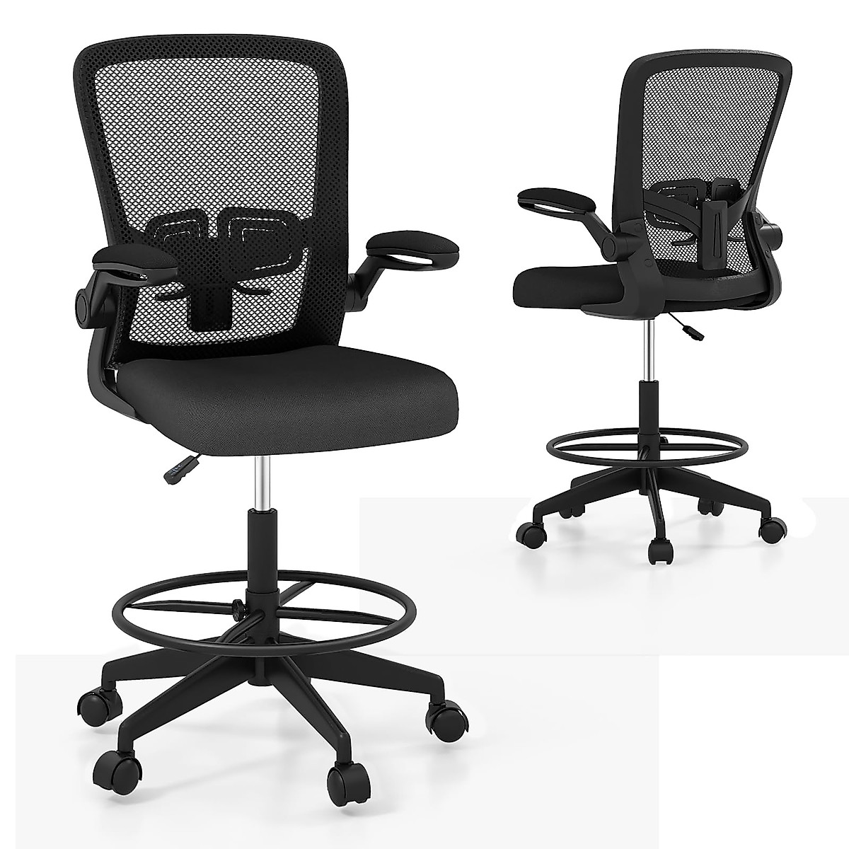 HAPPYGRILL Drafting Chair, Adjustable Height Standing Desk Chair with Armrest, Footrest Ring and Lumbar Support, Tall Office Chair Executive Computer Chair for Home Office (1, Black)