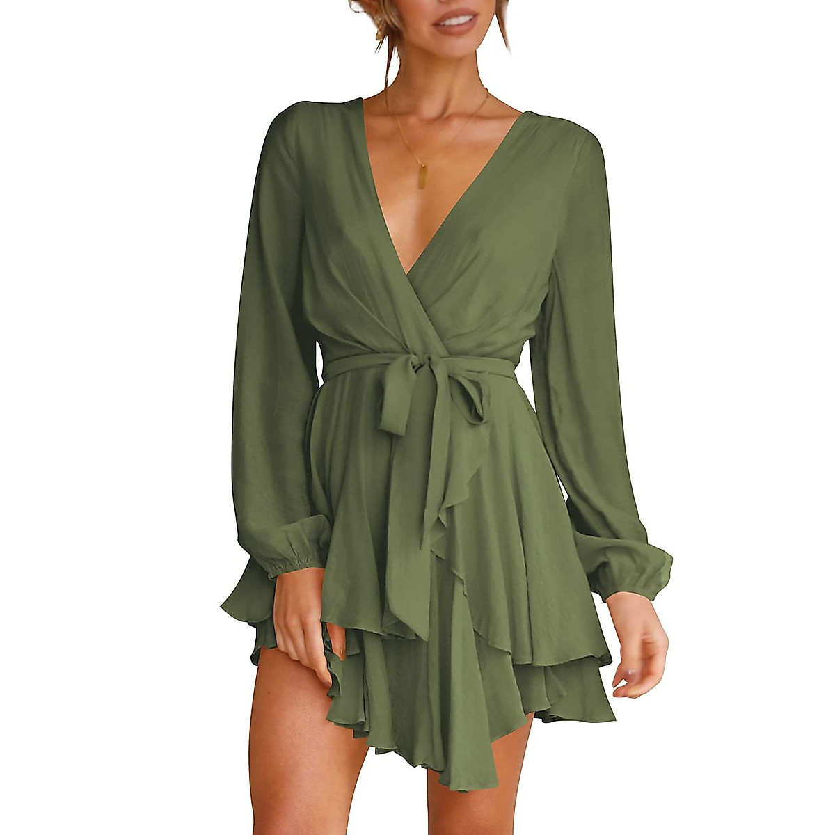 Cosonsen Womens Short Dresses Deep V-Neck Long Sleeve Flare Hem Mini Dress Green XL