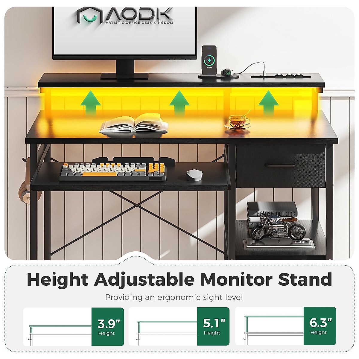 AODK Gaming Desk with LED Lights & Power Outlet, 40 Inch Small Computer Desk with Keyboard Tray, Office Desk with Drawer, Reversible Desk with Adjustable Monitor Shelf and Storage Shelf, Black
