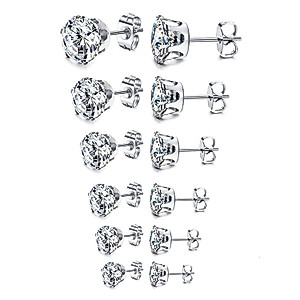 Jstyle Stud Earrings for Women Mens Stainless Steel Earrings, 3-8mm Round Cubic Zirconia Earrings Studs Ear Piercing Jewelry Set