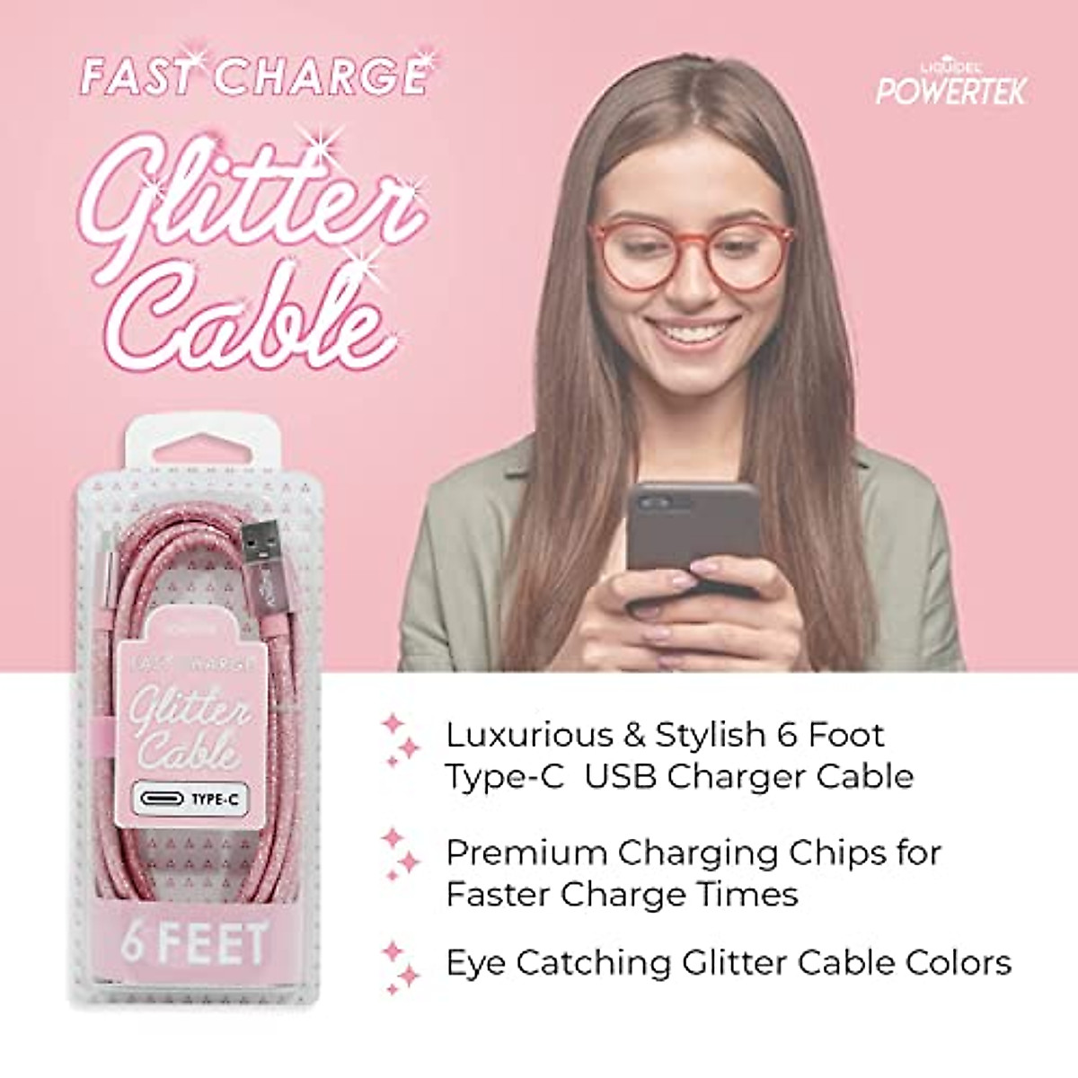 LIQUIPEL USB Type C Cable 6ft, USB A 2.0 to USB-C Fast Charger Extra Long Durable, Glitter Cables (Pink)