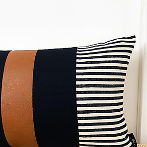 Vfuty Brown and Black Decorative Pillow Cover Set of 2, Farmhouse Stripe Pillow Cover 12x20 Modern Faux Leather Accent Pillow Case for Couch Sofa Bed Boho Patchwork Cushion Cover