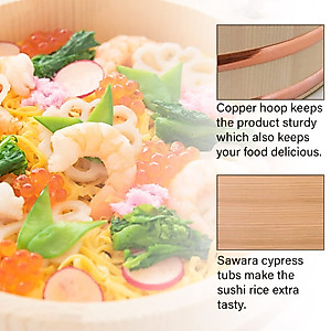 TIKUSAN Wooden Hangiri Sushi Rice Mixing Tub Copper Band Made in Japan Made of Sawara Cypress Sushi Rice Bowl Sushi Oke (13" (33cm))