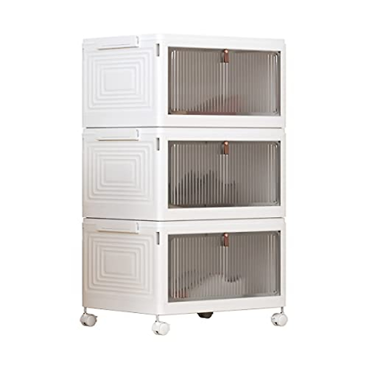 LEAIJIAFY 3 Tier Foldable White Plastic Shoe Box,Large Stackable Storage Bins with Lids,Storage Drawers Cart Storage Containers Organizer,for Sneakers Toys Clothes,with 4 Wheels