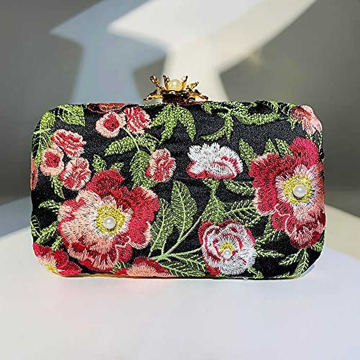7.8'' Evening Clutch Bag with Removable Chain and Hand Hoop Vintage Handmade Embroidery Floral Handbag Purse for Women