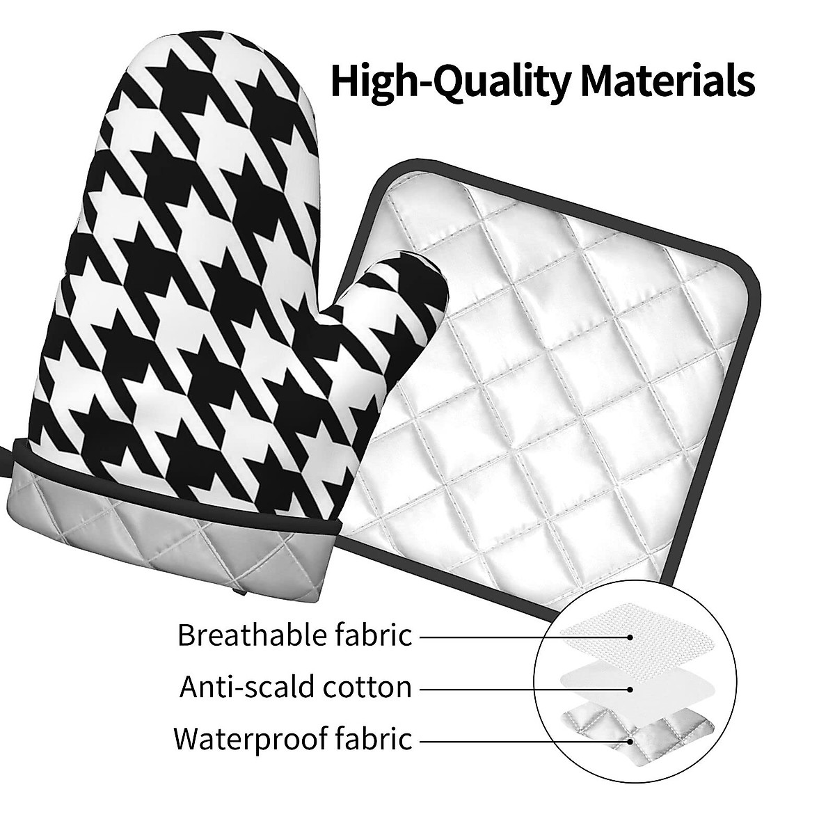 Houndstooth Black Print Oven Mitts and Pot Holders Sets,Non-Slip Heat Resistant Oven Mitts for Home Cooking, Baking,BBQ,Grilling,Holders for Kitchen