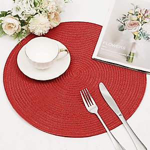 SHACOS Round Braided Placemats Set of 8 Washable 15 inch Round Table Mats Non Slip Woven Place Mats for Dining Table (Red, 8)