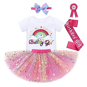 Rainbow Unicorn 1st 2nd 3rd Birthday Girl Outfit Baby Romper Tutu Skirt Headband Sash Badge 5PCS Princess Bowknot Tutu Dress up Clothes Set for Cake Smash Photo Shoot Hot Pink - Rainbow 3 Years
