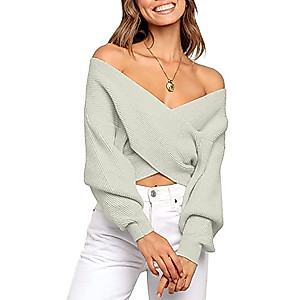 ANRABESS Women’s 2022 Fall Fashion Long Sleeve Off Shoulder Crissover V Neck Knit Cropped Sweater Top 641qianhui-S Gray