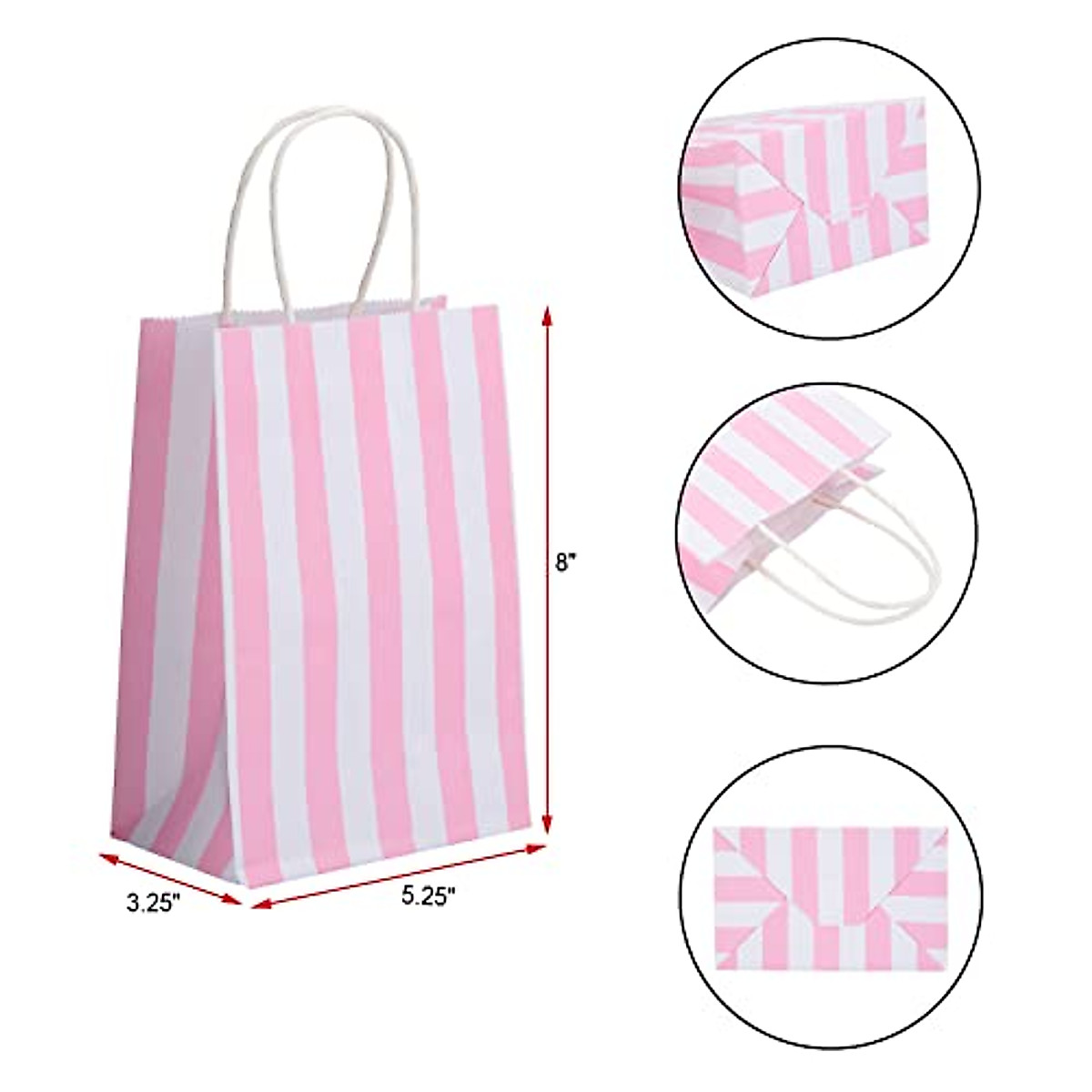 RNORRI Gift Bags 50Pcs 5.25x3.75x8 Inch Paper Bags Small Pink And White Bags Pink Party Bags Shopping Bags With Handles, Striped Bags For Baby Shower, Birthday, Business, Retail