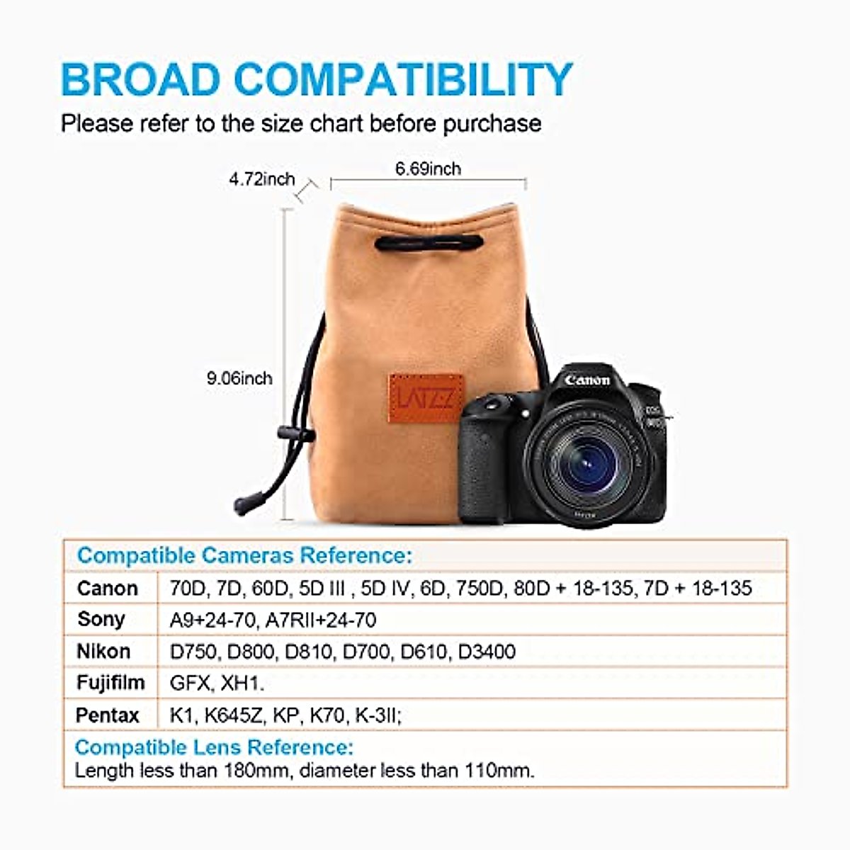 Camera Case, LATZZ Drawstring Bag, Vintage DSLR Camera Bag with Adjustable Strap, Soft Lens Case Gadget for Traveling and Canon Sony Fuji SLR Storage