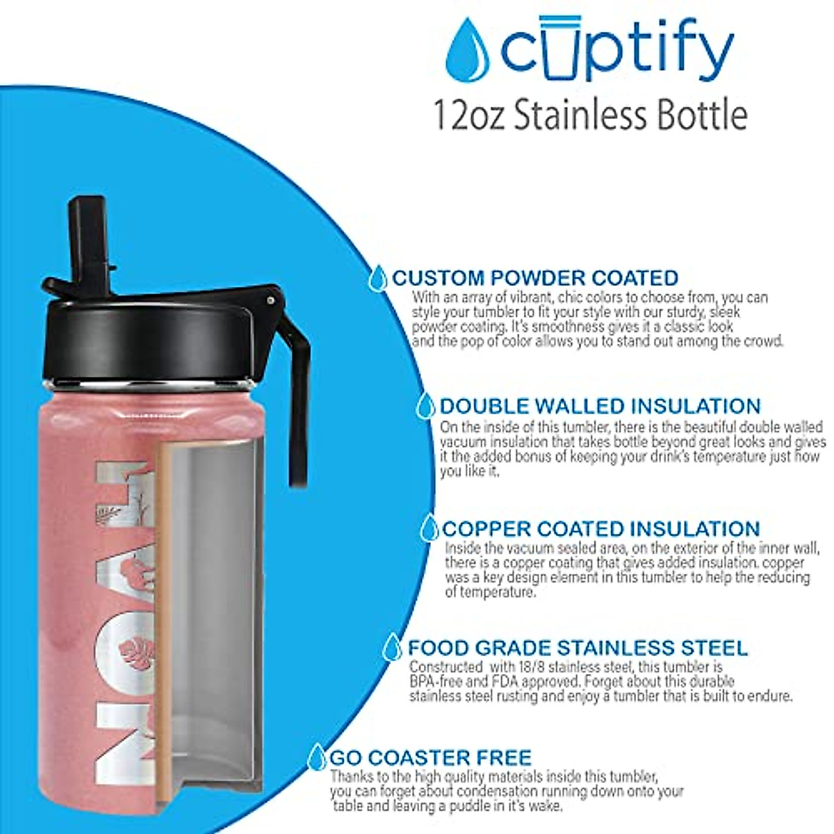 Personalized Kids Water Bottle with Straw Lid on Baby Blue Glitter for School Engraved Custom Children Name 12 oz Modern Insulated Stainless Steel Steel