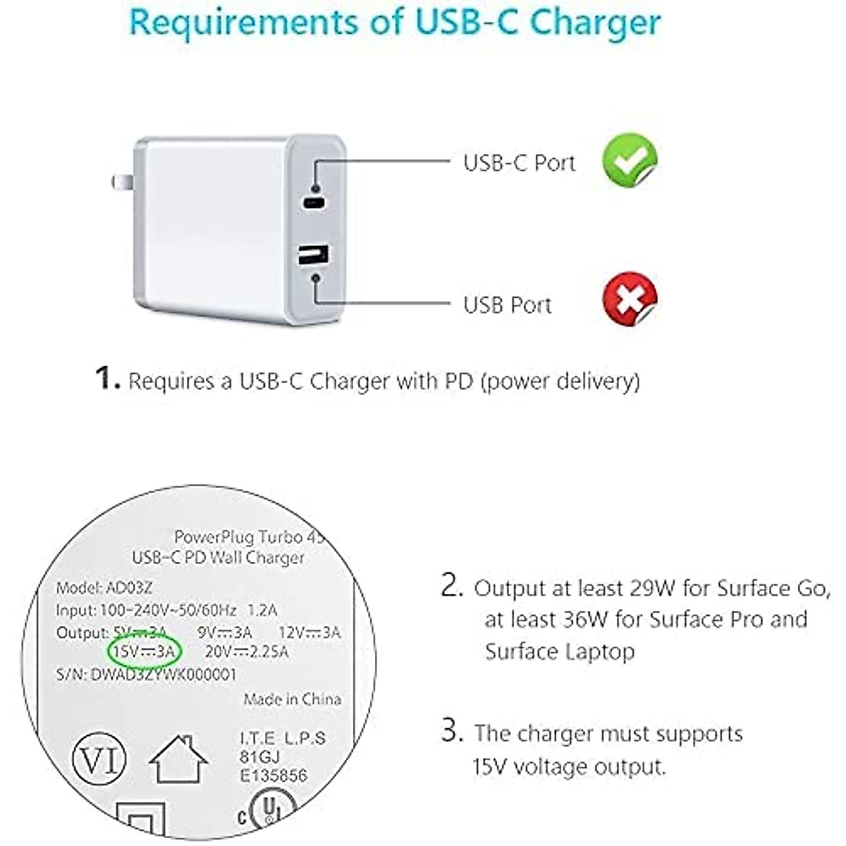 SUPERNIGHT Surface Connect to USB C Charging Adapter 15V 3A, Compatible for Microsoft Surface Pro X/7/6/5/4, Surface Laptop3/2/1, Surface Go/Book[1 PC Only]