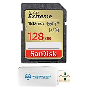 SanDisk Extreme 128GB SD Memory Card Works with Sony Alpha a7C, a6600, a6100, a6400 Mirrorless Camera (SDSDXVA-128G-GNCIN) U3 SDXC UHS-I Bundle with (1) Everything But Stromboli Micro & SD Card Reader