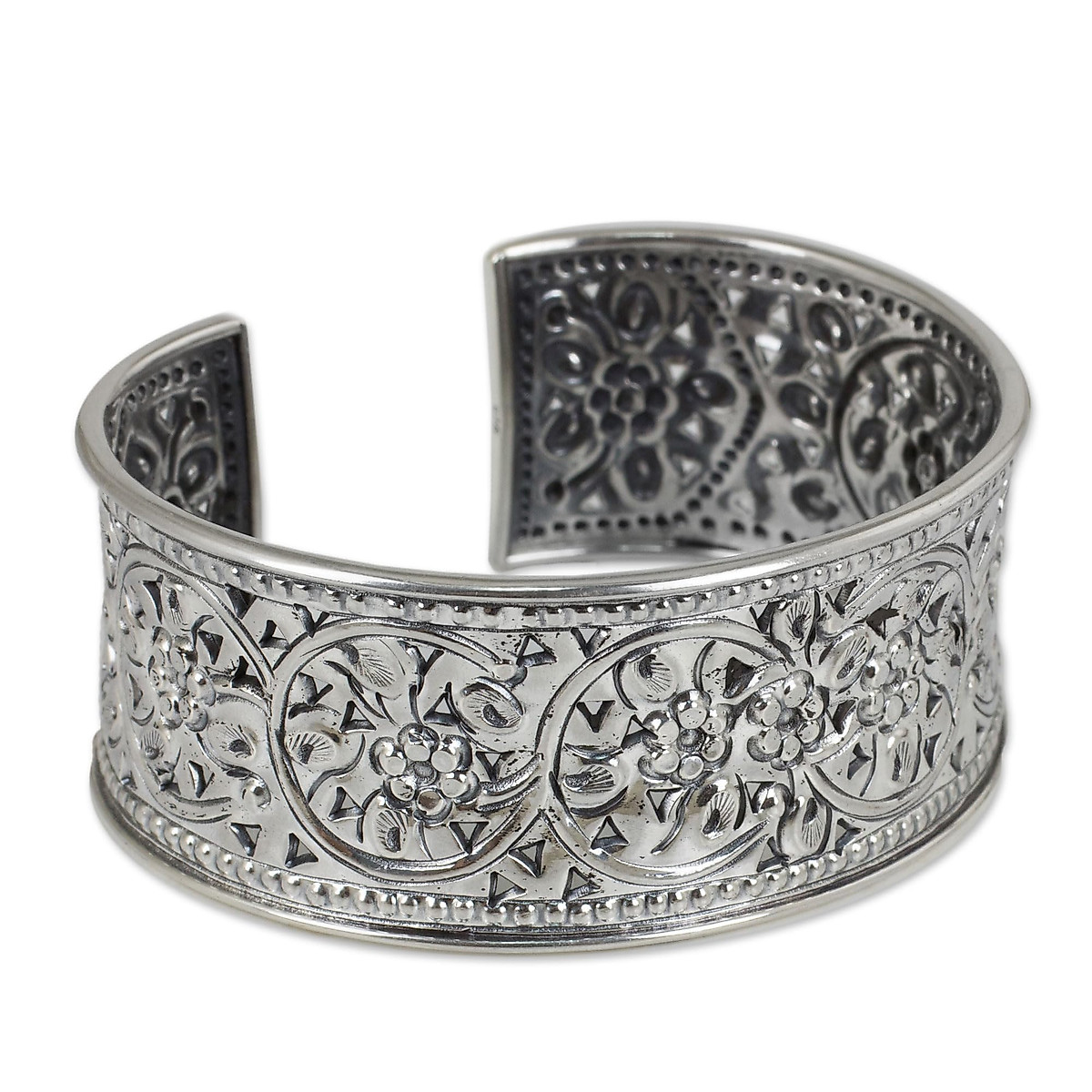 NOVICA Artisan Handmade Sterling Silver Cuff Bracelet Floral No Stone Thailand [6.25 in L (end to End) x 1.1 in W] ' Renewal'