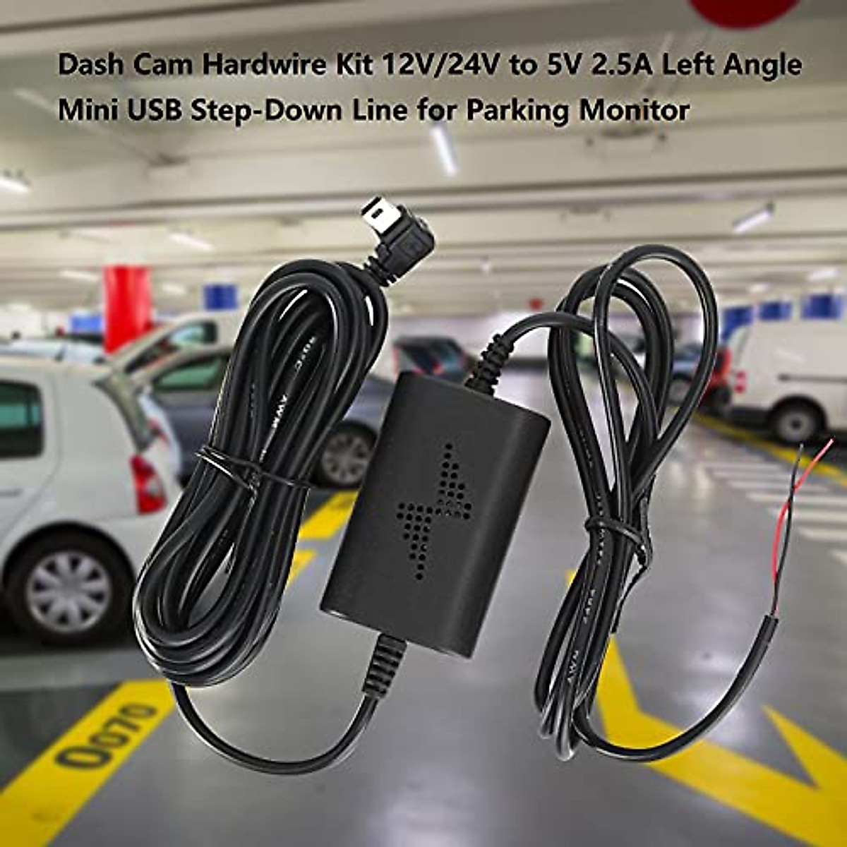 Gorgeri Dash Cam Hardwire Kit,12V/24V to 5V 2.5A Parking Monitor Converter Cable Left Angle Mini USB Step-Down Line for Parking Monitoring,Parking Monitoring Line