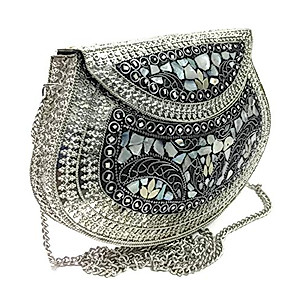 Ethnic Clutch Gift Metal Bag Metal Clutch Vintage Handmade Bags Metal Mosaic Stone Bag, Shell Purse, Sling Bag, Party Bag (Silver)
