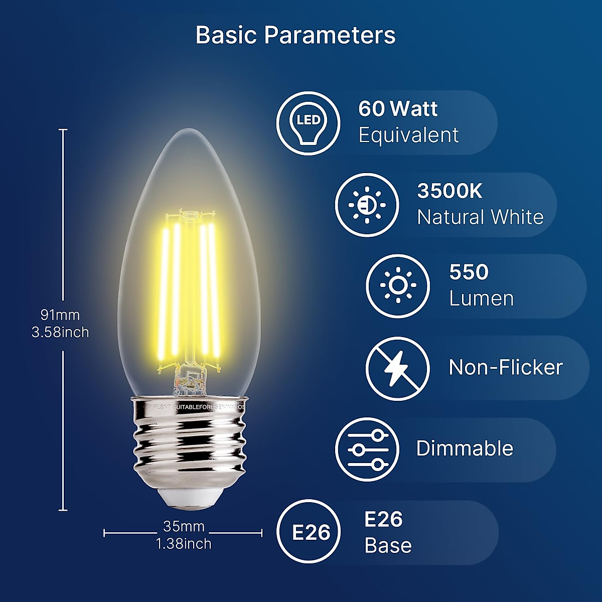 FLSNT 60W Equivalent LED Chandelier Light Bulbs, Dimmable LED B11 E26 Candelabra Base Bulbs, 3500K Natural White, 550LM, 6 Pack