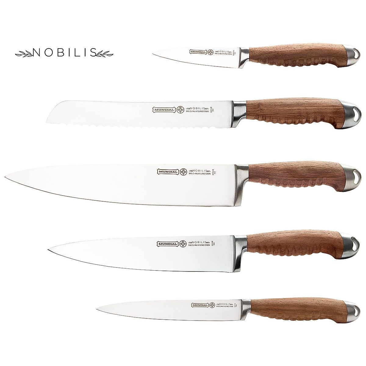 Mundial Nobilis Series 6-Piece Knife Block Set, Including 5 Knives with Wood Handle and Stainless Steel Blades and 1 Wood Block with Tablet Support