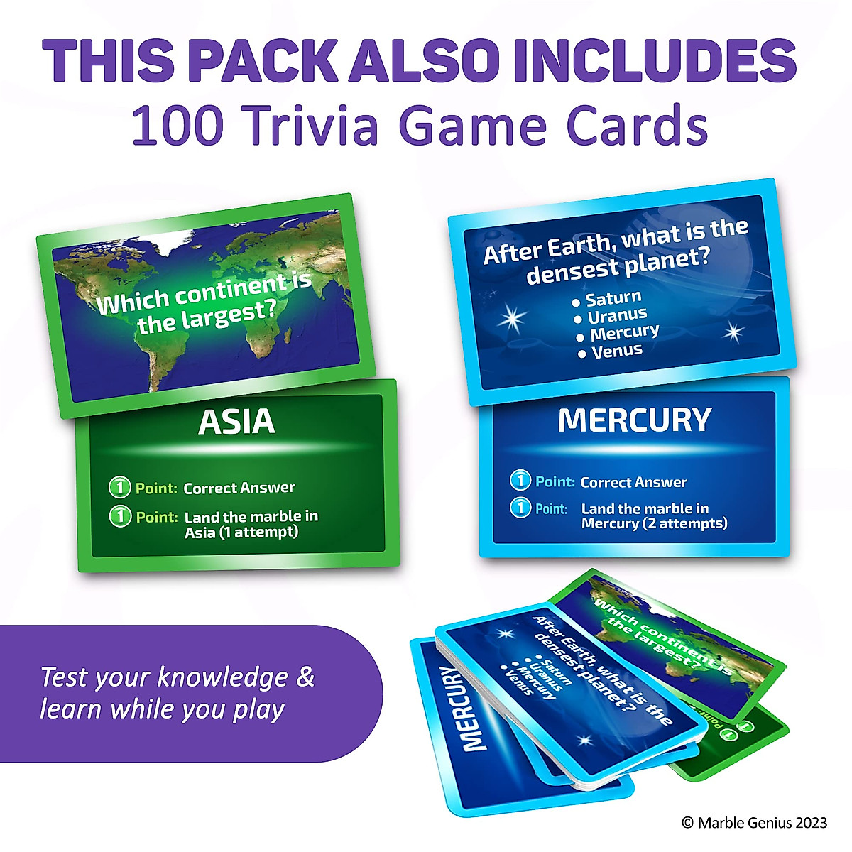 Marble Genius Flying Marbles Expansion Pack - 5 Boards + 100 Trivia Cards Set, Experience The Thrill of Racing, Includes an App with Additional Challenges That is Perfect for Kids, Teens, and Adults