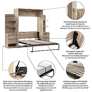 Bestar Cielo Full Murphy Bed with Nightstands and Floating Shelves (99W) in Rustic Brown and White, Sleeping Arrangement for Multipurpose Room