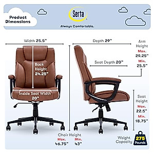 Serta Hannah 2.0 Executive High Back Office Chair with Lumbar Support Ergonomic Upholstered Swivel Gaming Friendly Design, Bonded Leather Cognac