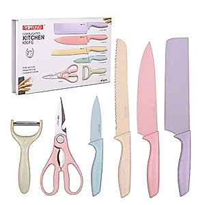 Colorful Knife Set for 6 Pieces, High Carbon Steel Kitchen Knife Set, Environmental Wheat Straw Material Handle, Sharp All-purpose Professional Chef Knife with Gift Box YIPFUNG