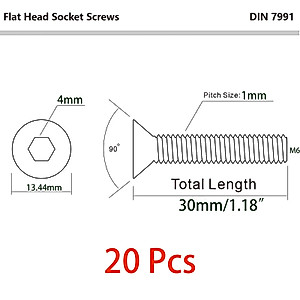 20 Pcs M6-1 x 30mm Flat Head Socket Cap Screws Bolts, Stainless Steel 18-8 (304), Bright Finish, Allen Socket Drive,Machine Screws Inner Hex Screw Fasteners Bolts