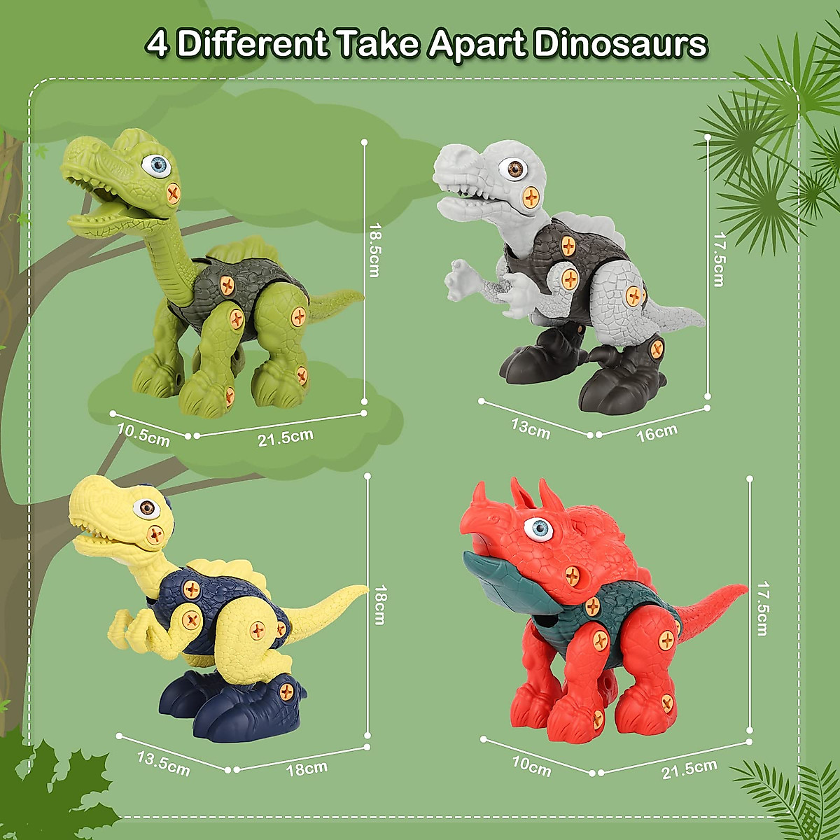 Rabing Dinosaur Toys for Boys 3 4 5 Years Old, Take Apart Dinosaur Building Toys with Electric Drill 4 Packs, Dinosaur Toys Set Educational STEM Gift Toy for Kids Boys Girls 3+ Years Old