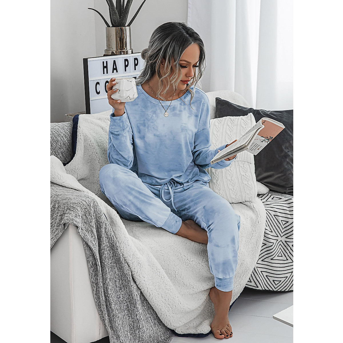 PRETTYGARDEN Women's Tie Dye Two Piece Pajamas Set Casual Long Sleeve Sweatshirt with Long Pants Loungewear (Grey,X-Large)