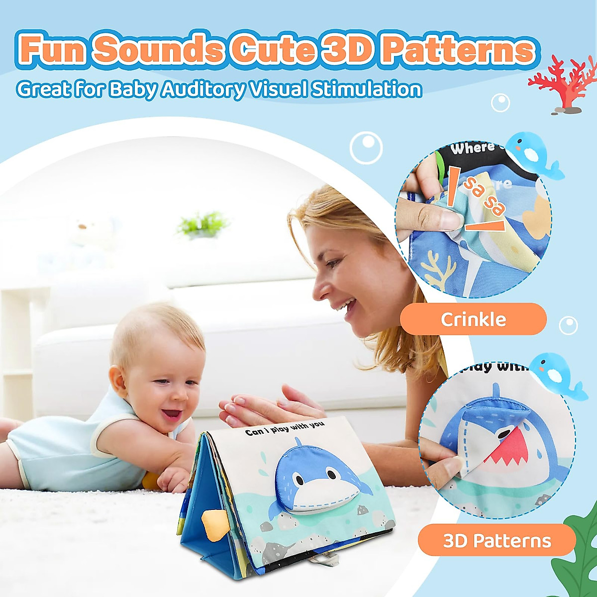 Baby Toys 0-6 Months, Tummy Time Mirror for Infant 0-3-6-12 Months Old, Newborn Sensory Gifts for Brain Montessori Development, Boys & Girls Toy, High Contrast Activity Crinkle Book w Safe Mirror