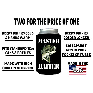 Funny Fishing Master Baiter Joke Collapsible Beer Can Bottle Beverage Cooler Sleeves 2 Pack