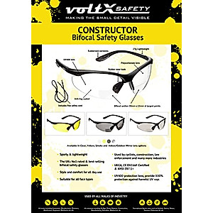 voltX 'CONSTRUCTOR' BIFOCAL Reading Safety Glasses (CLEAR +3.5 Dioptre) ANSI Z87.1+ & CE EN166F, certified/Cycling Sports Glasses includes safety cord + UV400 anti fog coated lens