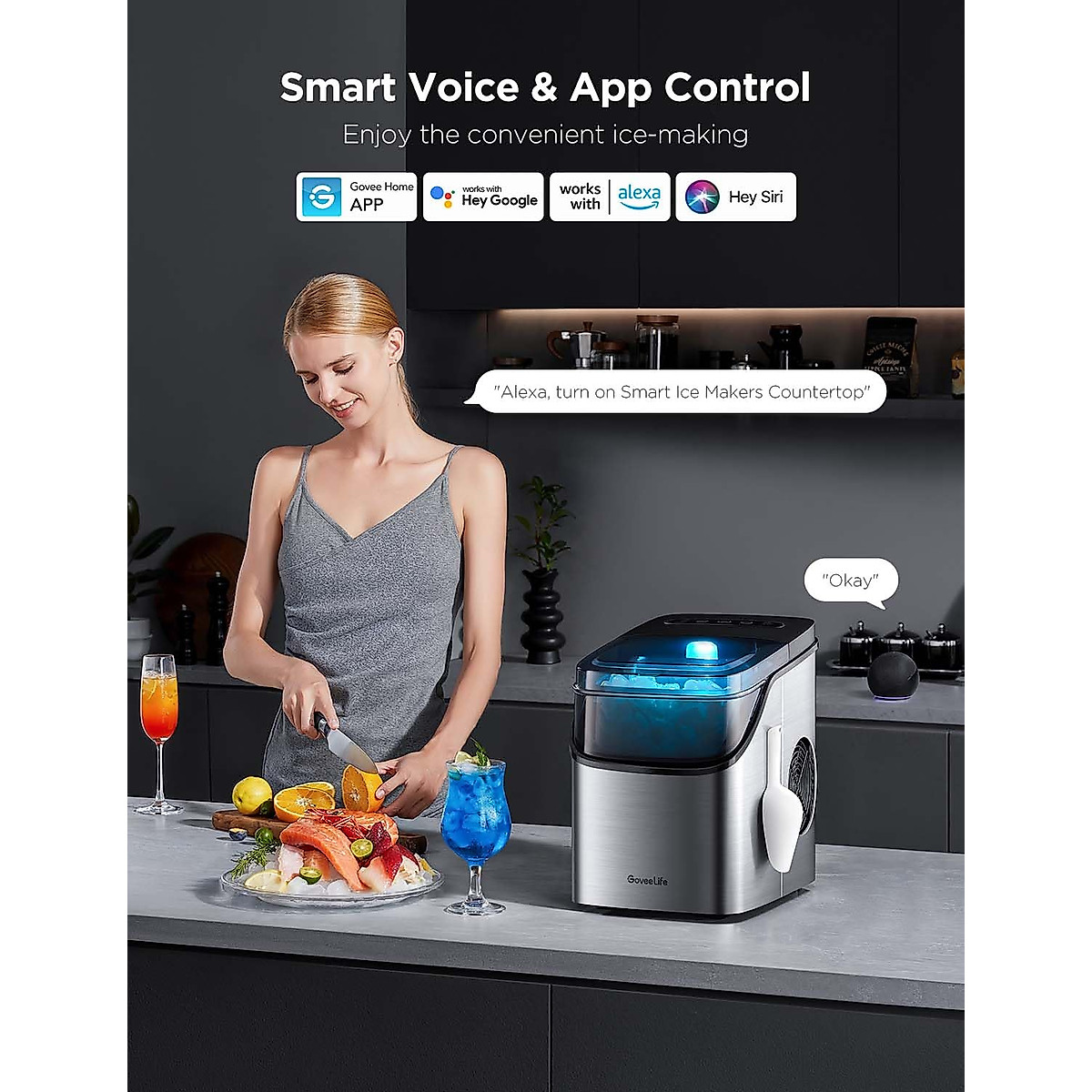 GoveeLife Smart Ice Maker Countertop, Portable Ice Machine with Voice Control, 9 Ice Cubes in 6 Minutes 3 Sizes, 26lbs/24Hrs, Self Cleaning RGB Lights, Quiet Ice Maker with Scoop for Kitchen Silver