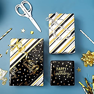 LeZakaa Reversible Birthday Wrapping Paper Roll - Happy Birthday Lettering & Stripe Design with Metallic Foil in Black- 17 inches x 32.8 Feet (46.45 sq.ft.)