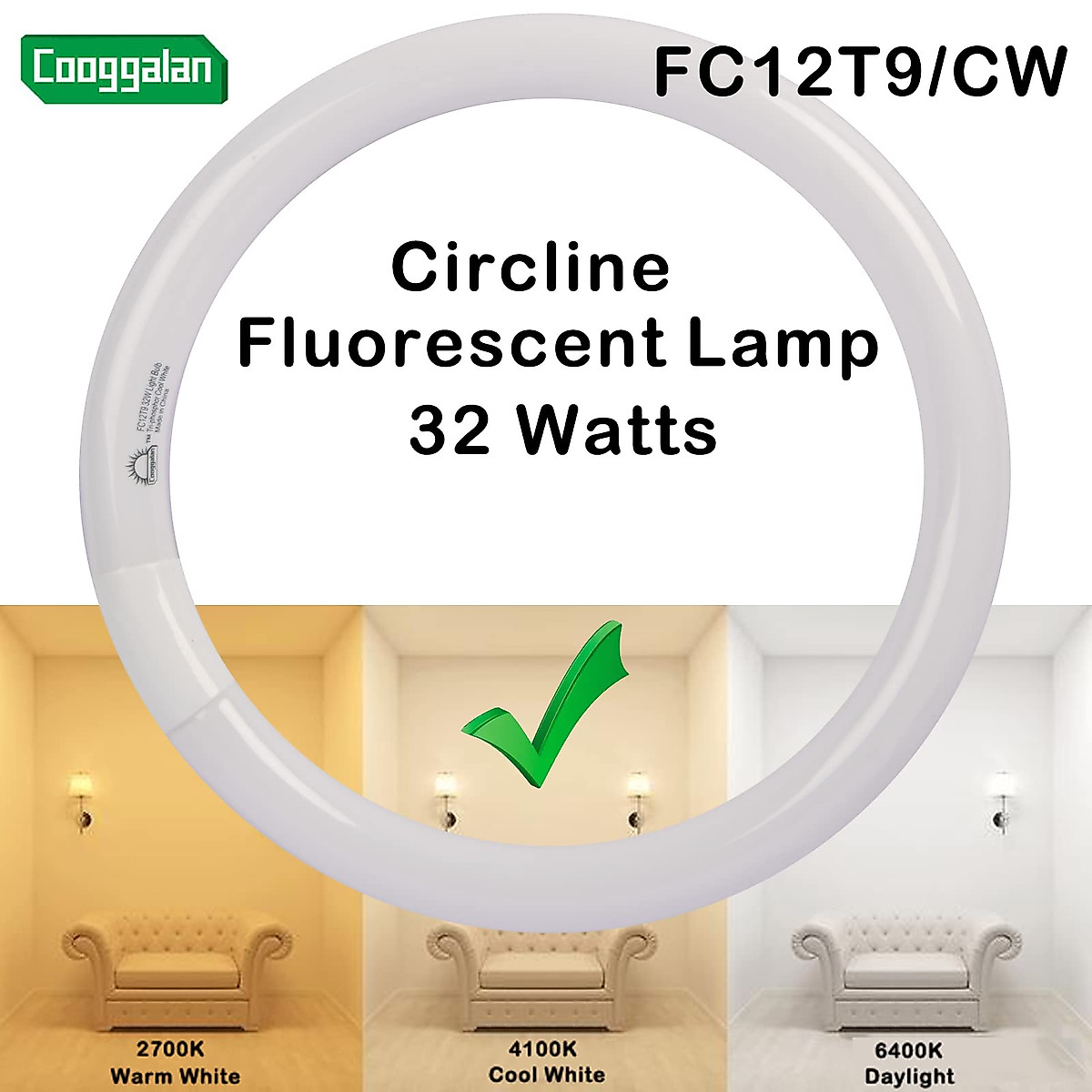 COOGGALAN FC12T9/CW 32W Cool White Circular Light Bulbs, 12 inch Round T9 32 Watts FC12T9/841 4100K Circline Fluorescent Bulb, Replacement Kitchen and Bath Circle Light Bulb, G10q 4 Pin Prong, 2 Pack