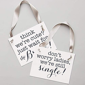 2 Ring Bearer Wedding Signs Slate Ink & Gray Ribbon | Flower Girl Ceremony Banner Classic (We're Still Single + Think We're Cute Wait for the Bride)