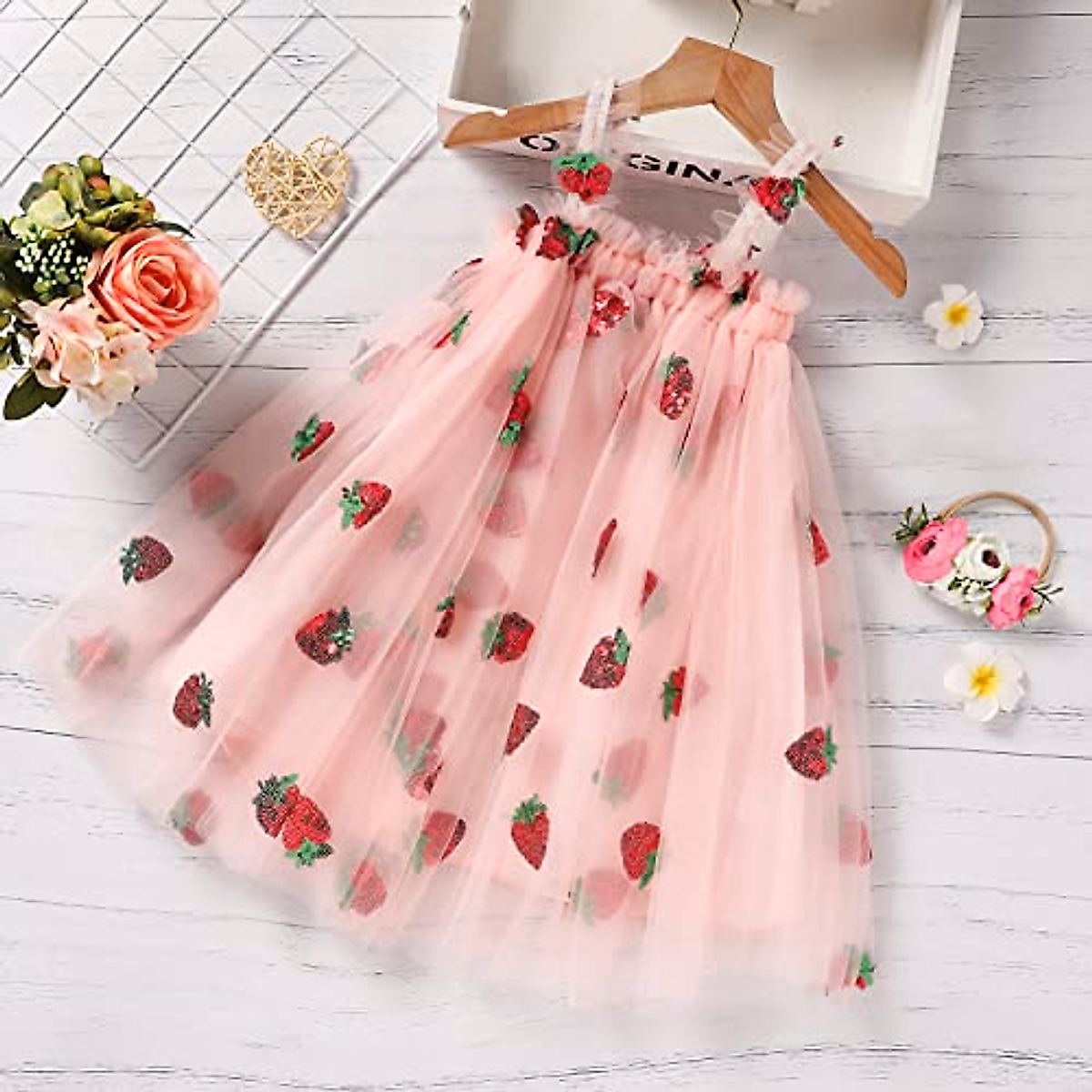Toddler Baby Girls Tutu Dress Sleeveless Floral Print Layered Tulle Dress Little Girl Princess Dresses with Flower Headband (Strawberry, 1-2 T)