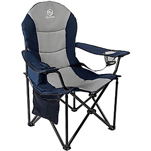 Coastrail Outdoor Camping Chair Oversized Padded Folding Quad Arm Chairs with Lumbar Back Support, Cooler Bag, Cup Holder & Side Pocket, Extra Head Pocket, Supports 400 lbs (Blue, Modern)