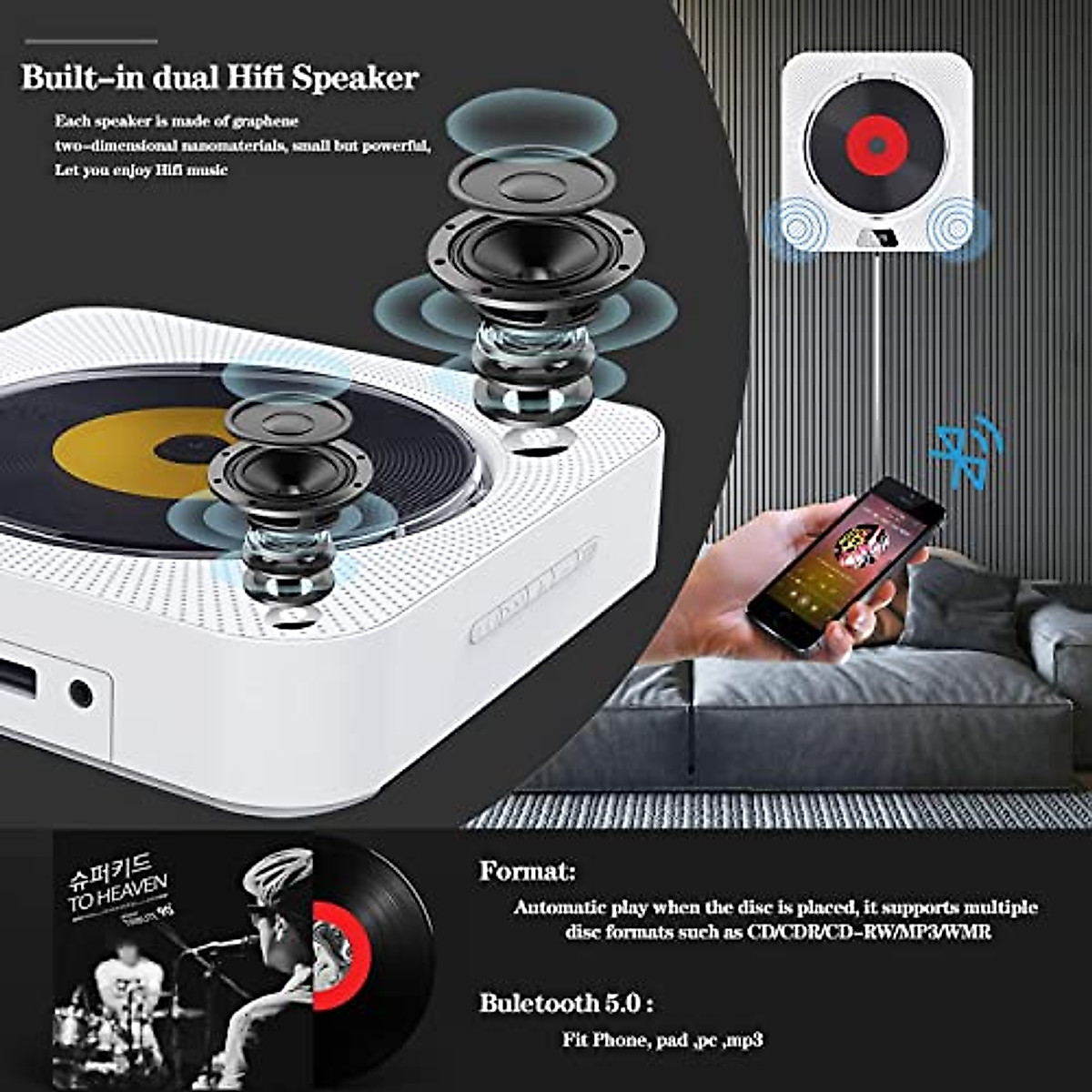 Portable CD Player with Bluetooth, Wall Mountable CD Player with Dust Cover,FM Radio,Built-in Speakers,USB Port,AUX Input,LCD Display