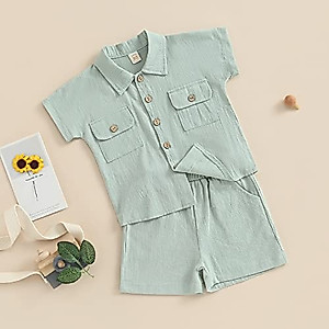 Toddler Baby Boys 2Pcs Linen Short Sleeve Outfits Set Color Block Button Down T-Shirt Elastic Shorts with Pockets (Light Green, 12-18 Months)